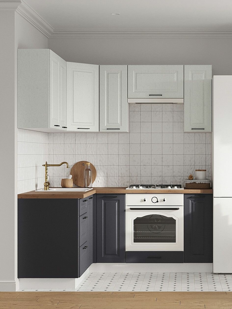 Кухонный гарнитур угловой Шервуд 1.8х1.5 м, мебель для дома и кухни, Белый / Арктик / Шато индиго