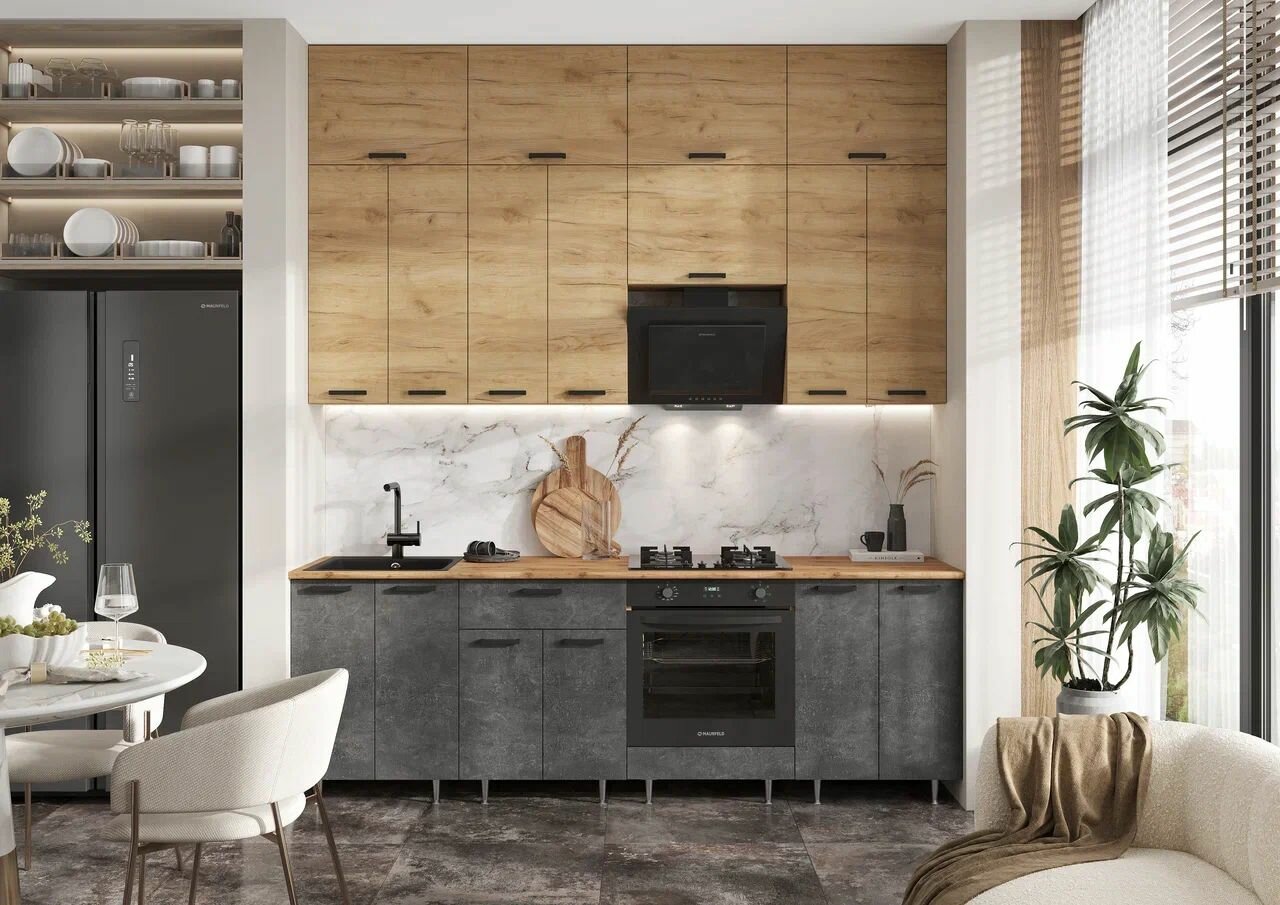 Кухня Рио NEW 2,4 м. Компоновка №3 Дуб Крафт/Бетон темный, Дуб Крафт