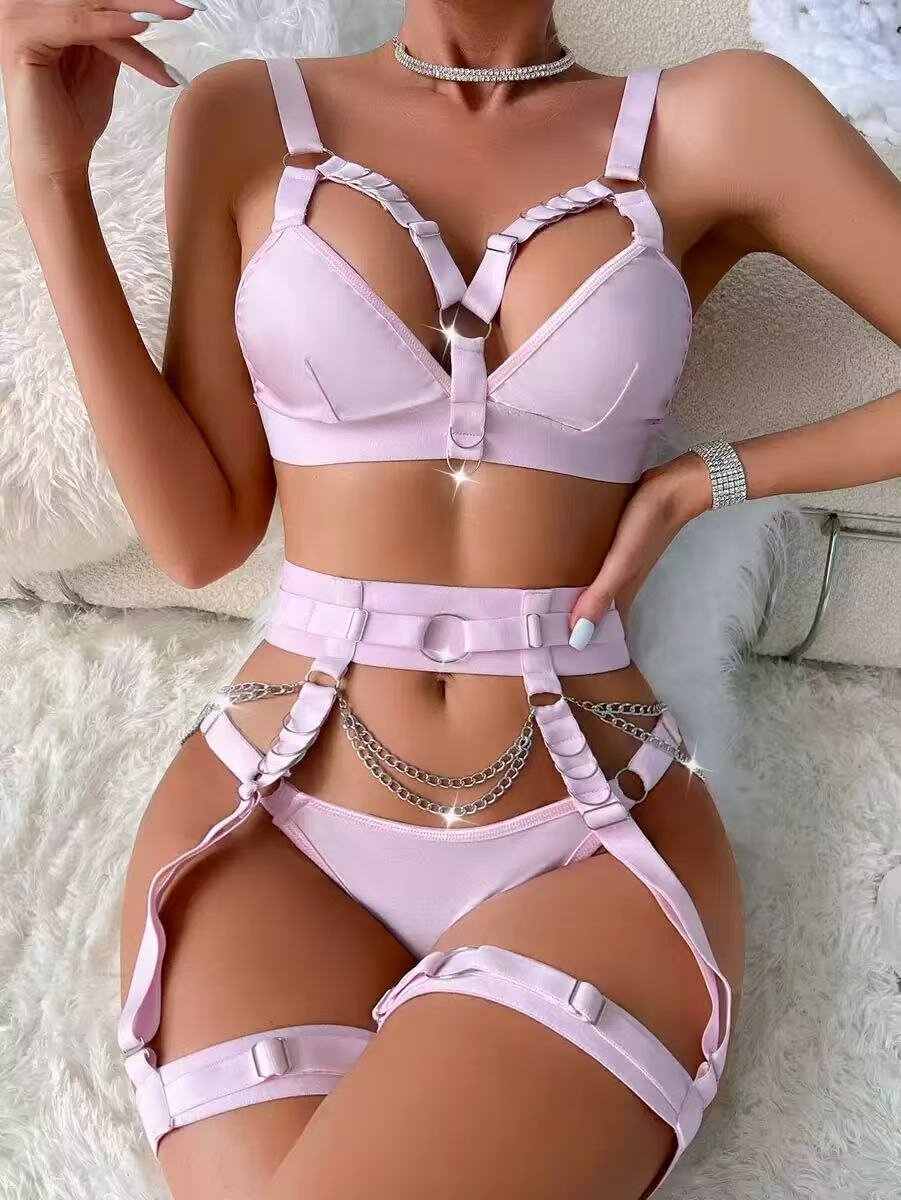 Комплект сексуального нижнего белья из трех частей с металлической застежкой-молнией для женщин,44, черный, S