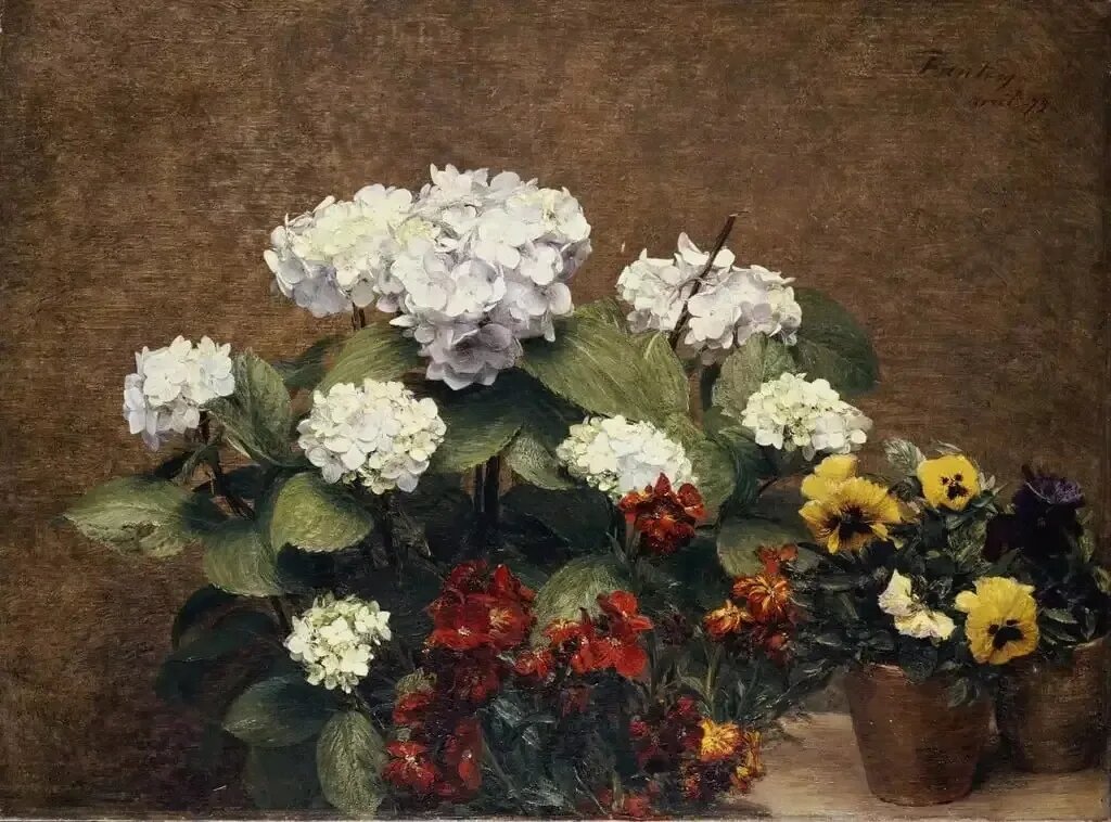 Букет гортензий и паньонок, картина на холсте 40x50см, SKU-12