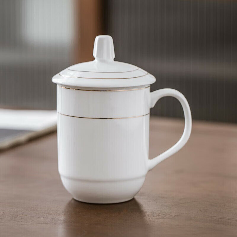 Tao Xianghui Ceramic Tea Cup with Lid, Set of 10 Business Meeting Cups, 350ml
