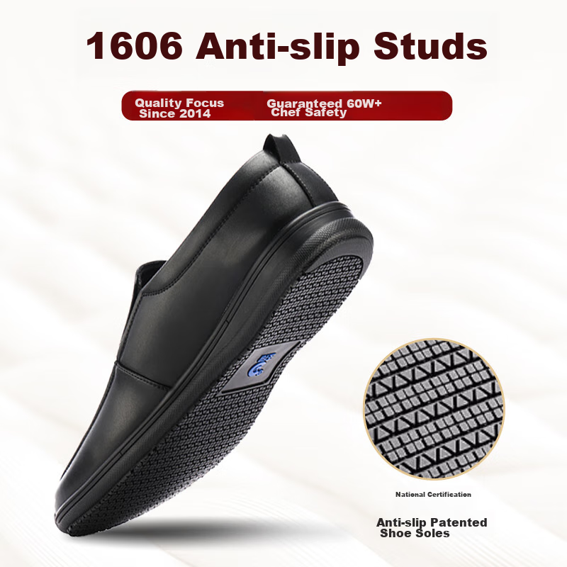 Chuwang Chef Shoes, Non-Slip Upgraded Slip-On Kitchen Work Shoes, Water-Resistant Casual Soft-Soled Leather Shoes for Men, 5222D, Size 42