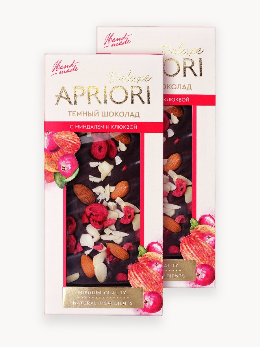 Шоколад темный Apriori ручной работы с миндалем и клюквой, 2 шт по 85г