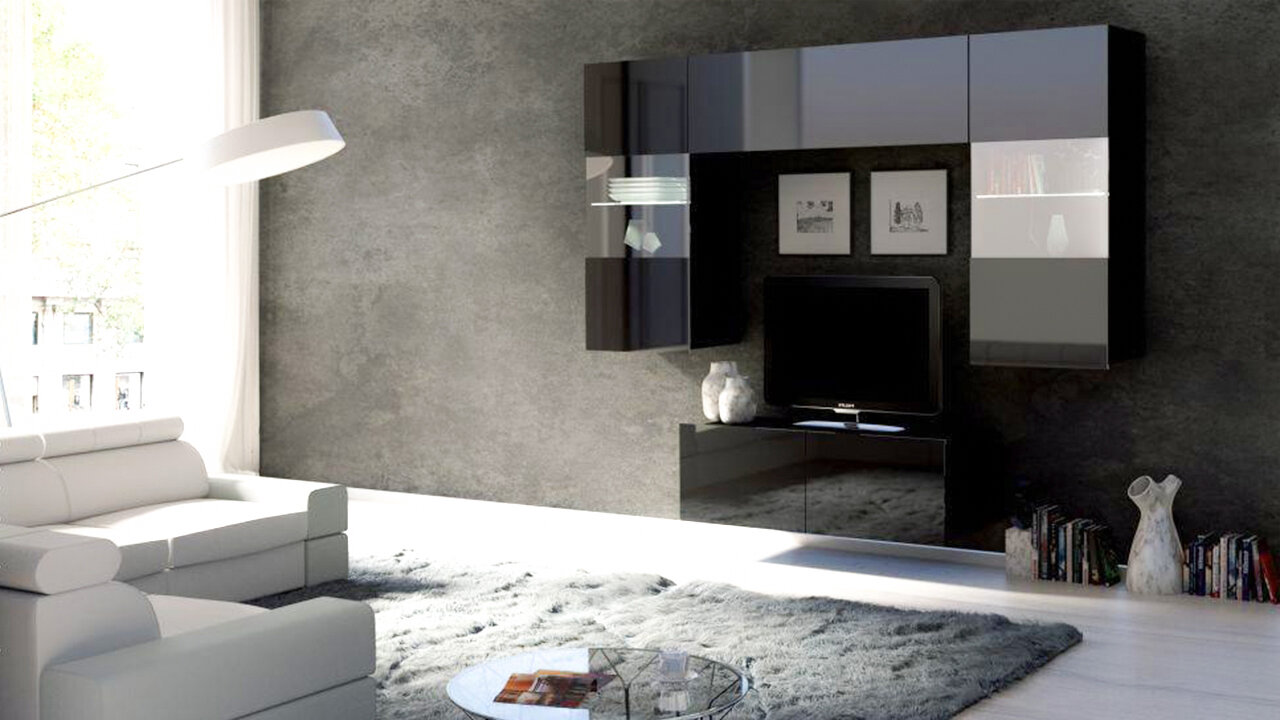 Модульная гостиная Порту 10 МДФ (черная) NEW 195x200x43 см, черный, черный мдф Фиеста