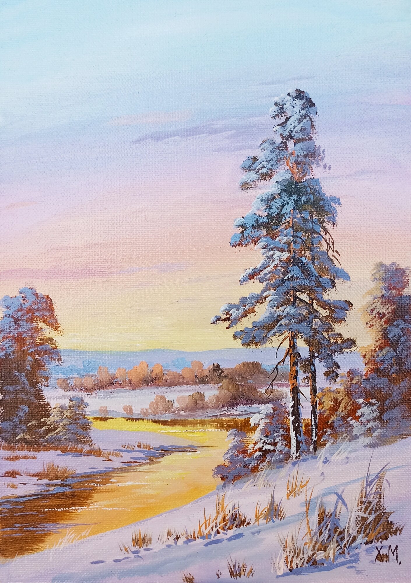 Картина масло/холст. 100% ручная работа, 100% живопись от Художественной мастерской Грëзы. Картина из серии "Зимние пейзажи". Сосны. Сугробы. Речка. Размер картины 20х30 см.