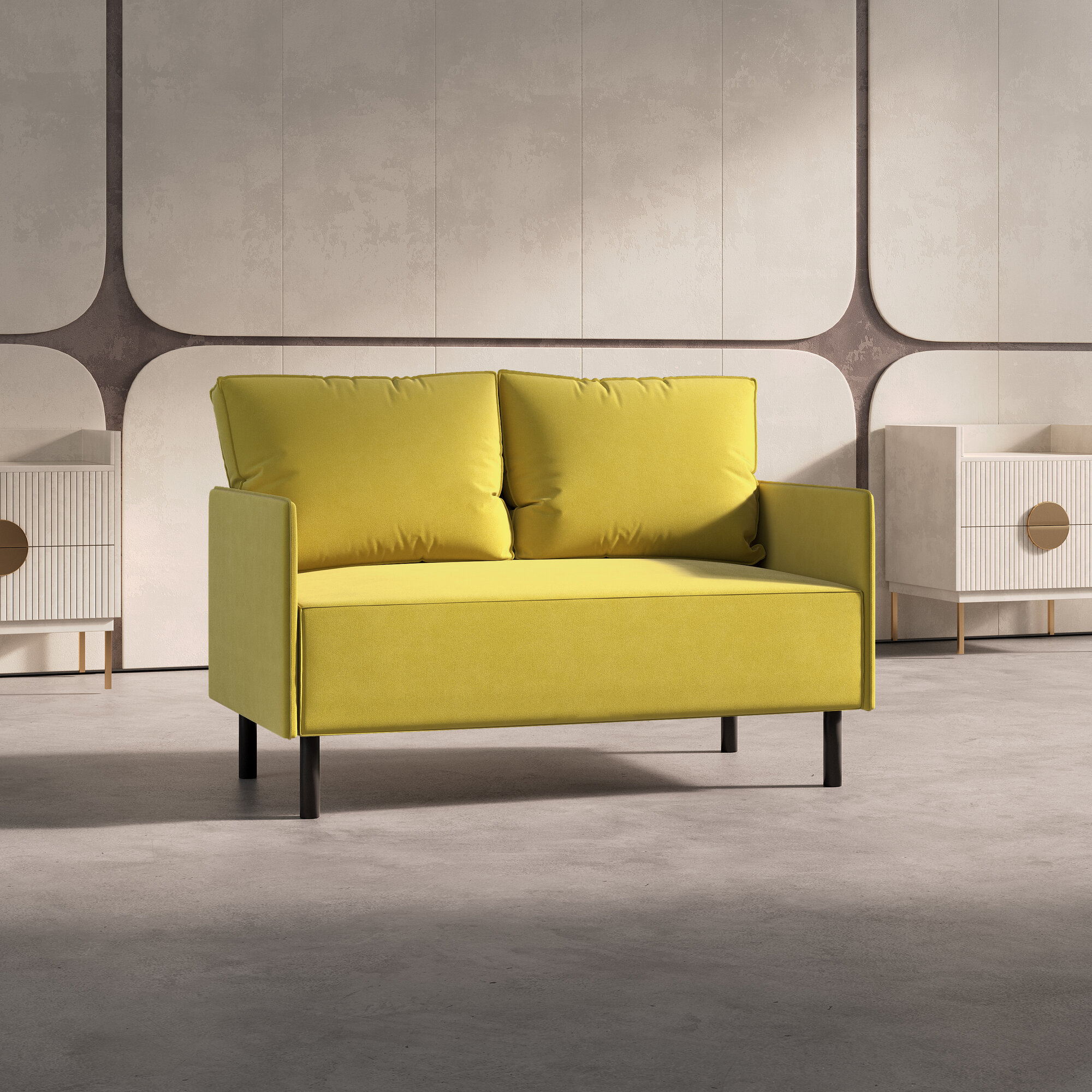 Диван ORION, на ножках, в квартиру, в офис, 117 см, антивандальный велюр, горчичный