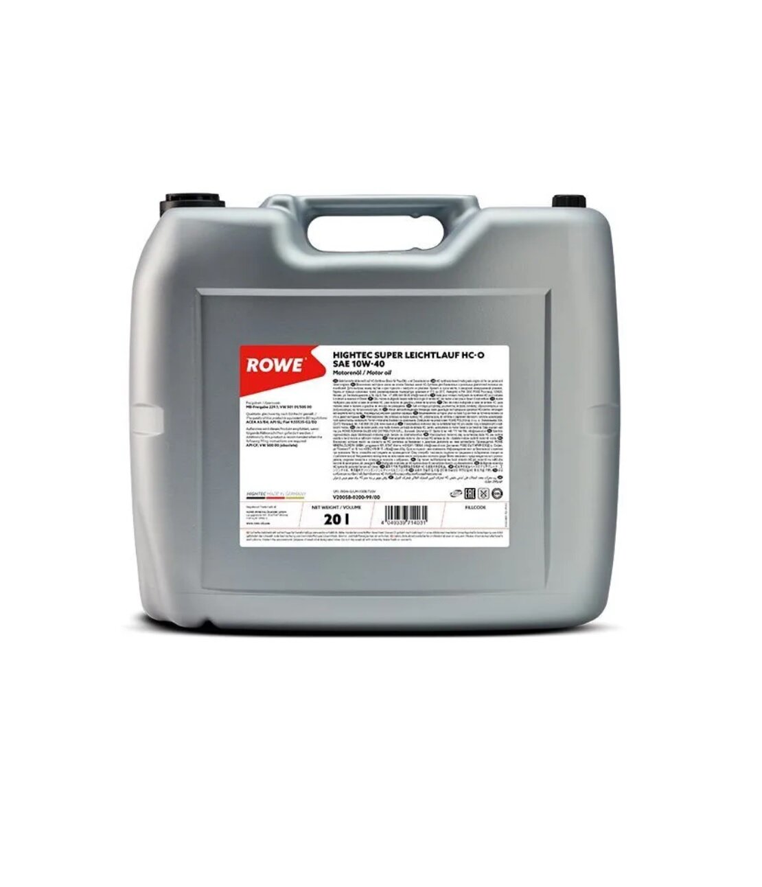 Моторное масло синтетическое ROWE Hightec Super Leichtlauf HC-O SAE 10W-40, 20 литров канистра