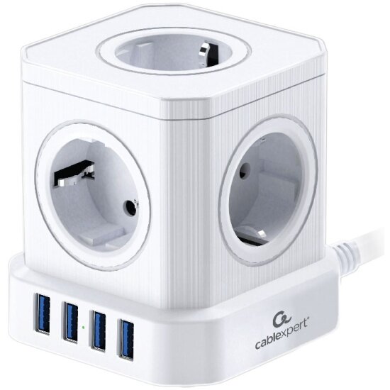 Сетевой фильтр Cablexpert Tower 5 розеток, 10А, 4хUSB, 3.1А, 3м, белый, коробка (TWR-5-U4-W-3)