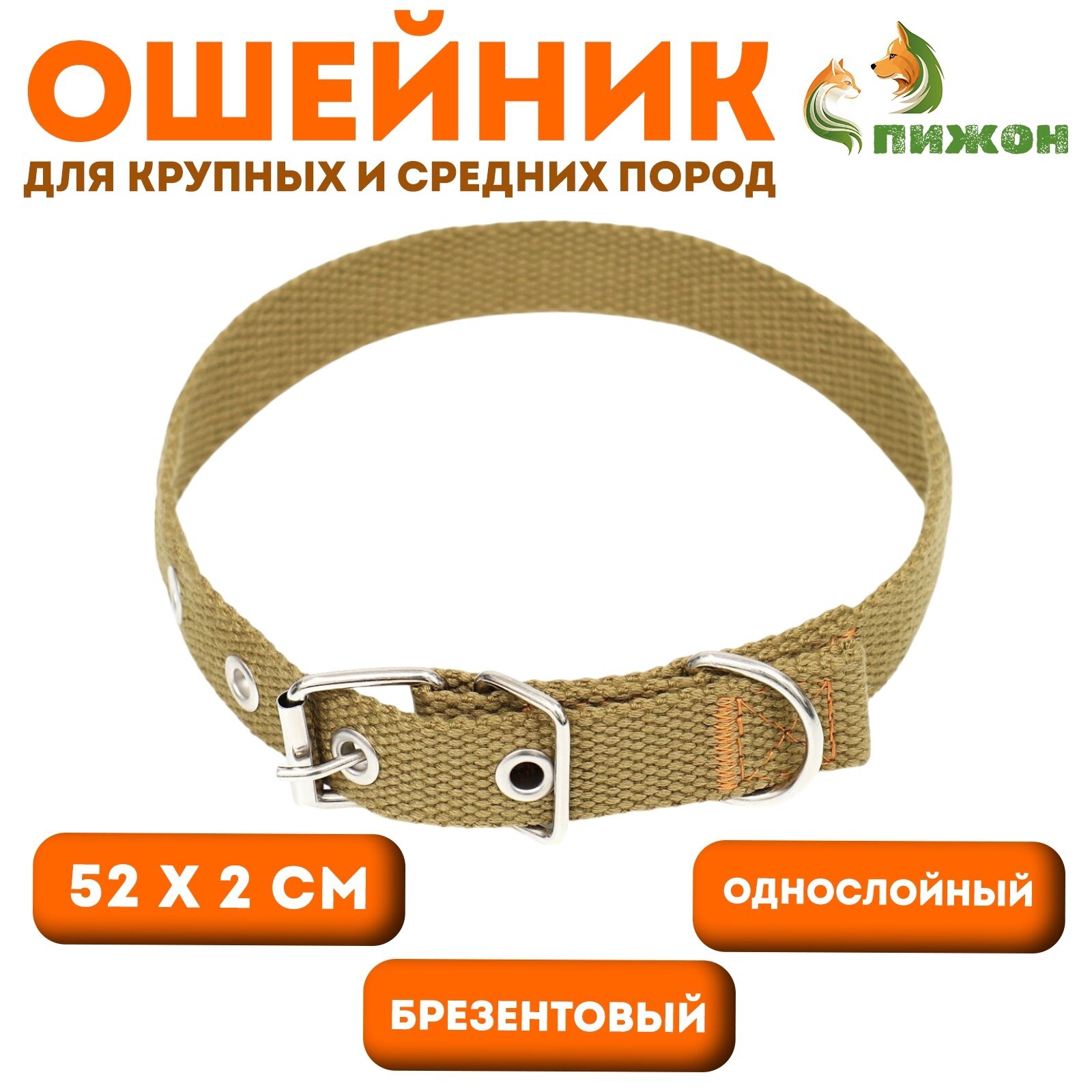 Ошейник брезентовый однослойный, 52 х 2 см, песочный, "Пижон", цвет зелёный