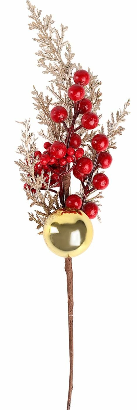 Новогодний декор "Золотая веточка" с шариком, ветка еловая декоративная, украшение для дома и интерьера, материалы-заготовки для творчества, 32х13х8 см