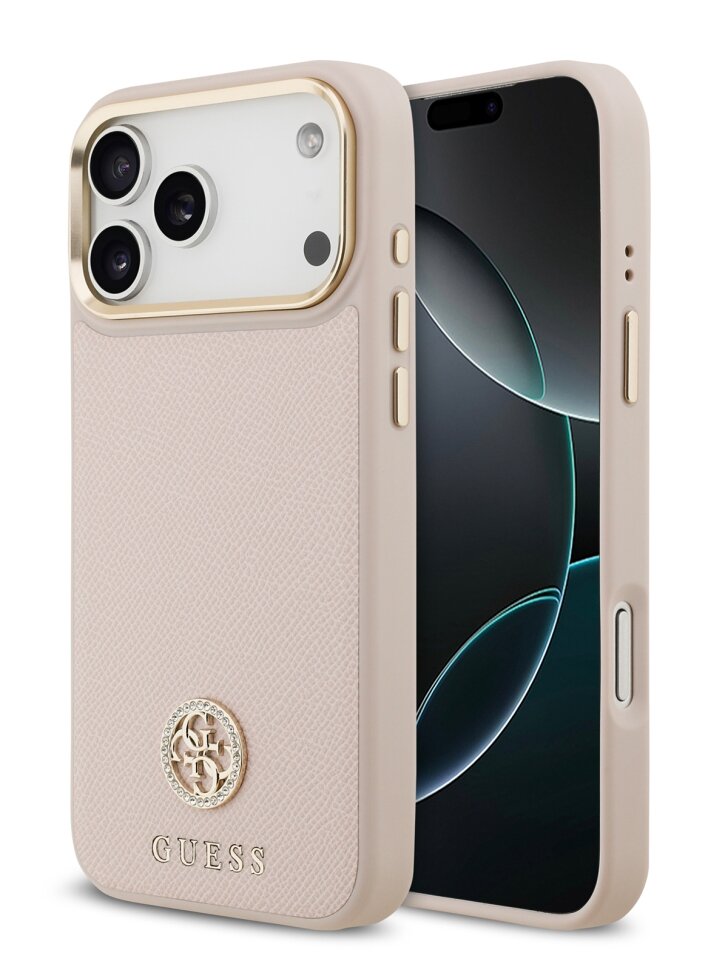 Guess чехол с MagSafe для iPhone 17 Pro, зернистая кожа PU 4G Diamond metal logo Gold camera, розовый