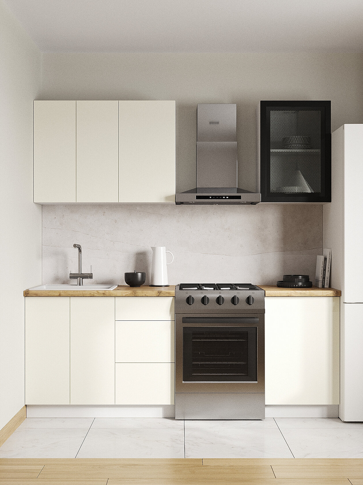 Кухонный гарнитур Тандем 1.5 м, мебель для дома и кухни, Белый / Черный матовый / Меланж