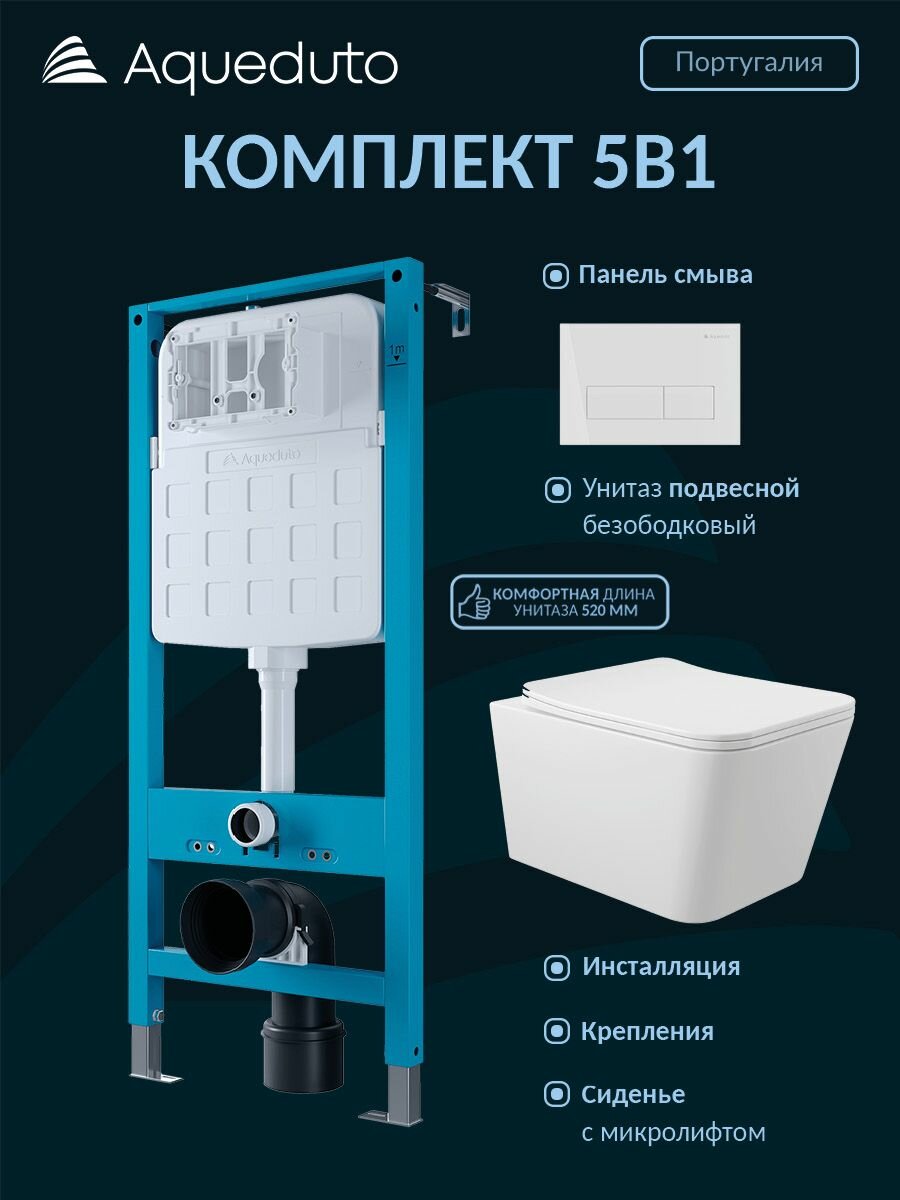 Комплект Aqueduto: Система инсталляции TECNICA Novo для подвесного унитаза, Панель смыва RETANGULO Novo белый глянцевый, Унитаз подвесной MACIO 520*370, сиденье с микролифтом, белый глянцевый
