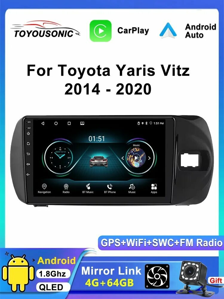 TOYOUSONIC Автомагнитола, диагональ: 9", 2 DIN, 4ГБ/64ГБ