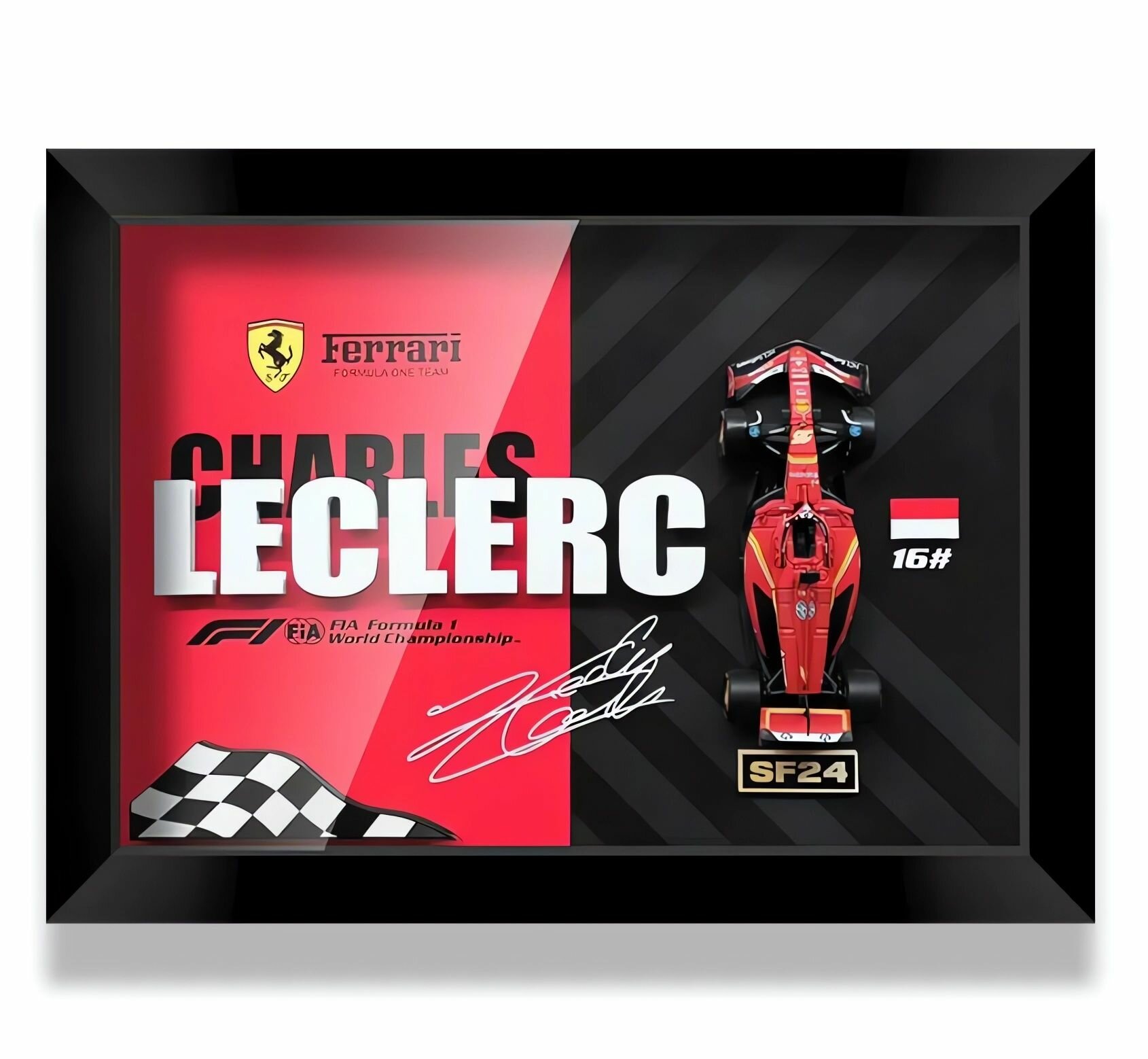 Коллекционная модель болида Формулы-1 в подарочной деревянной рамке. Ferrari/Шарль Леклер (SF-24)