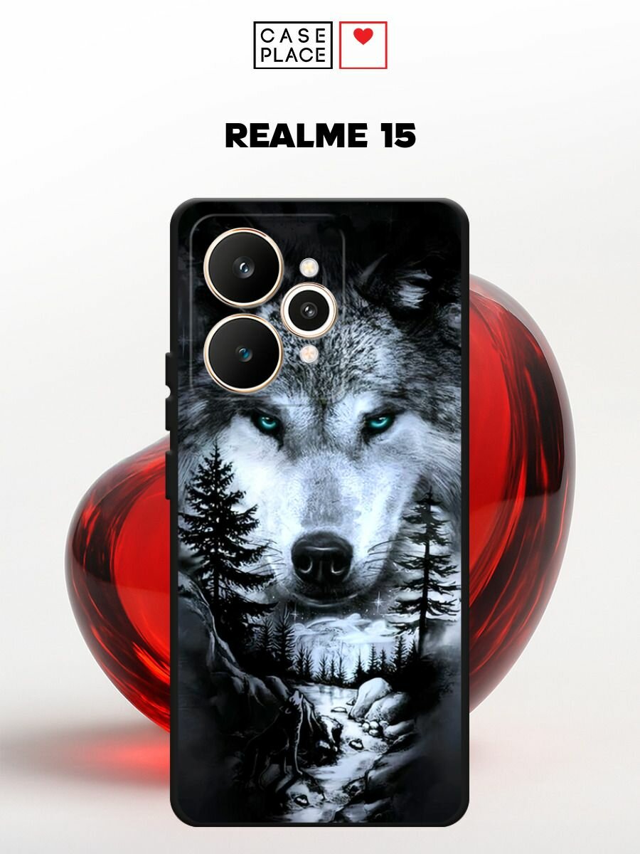 Черный матовый чехол на Realme 15 / Реалми 15 с принтом Волк в зимнем лесу