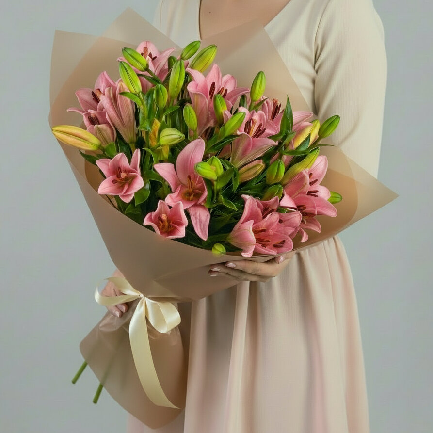 Букет Мегацвет24 "Розовые Лилии", 15 шт, в дизайнерской упаковке