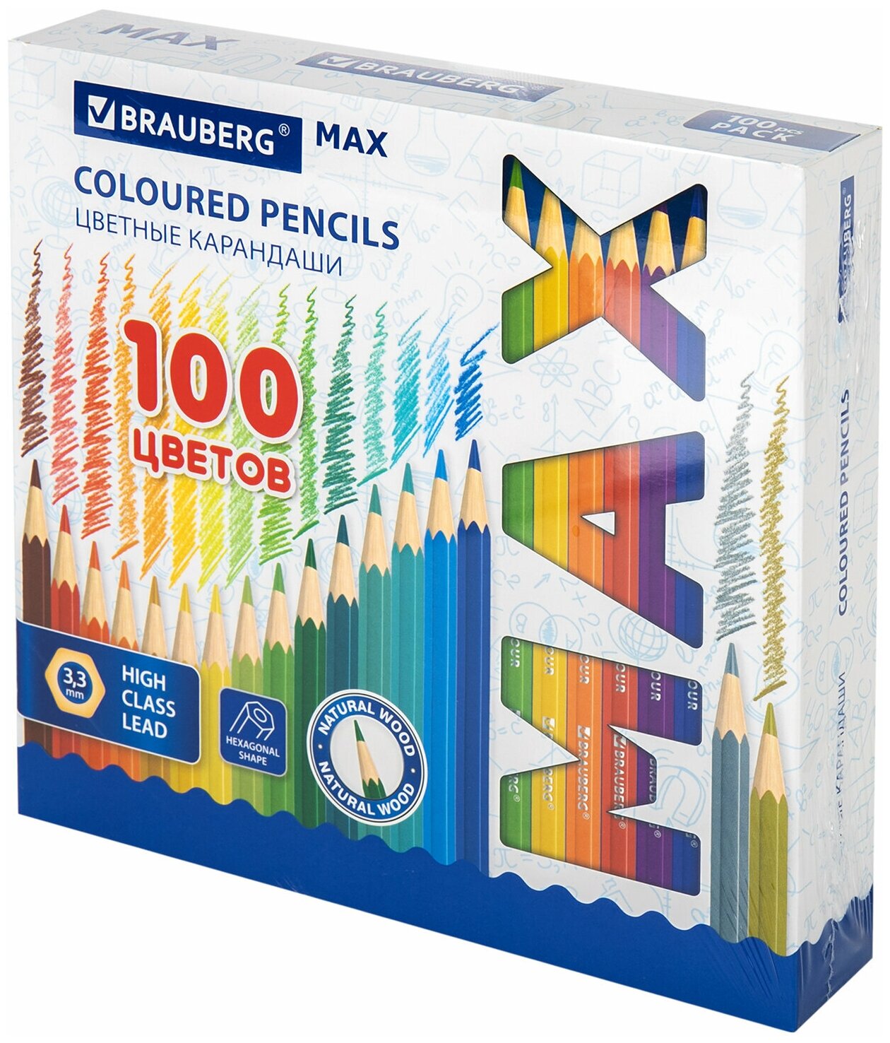 Карандаши цветные супермягкие яркие BRAUBERG MAX, 100 цветов, шестигранные, грифель 3,3 мм, натуральное дерево, 181862