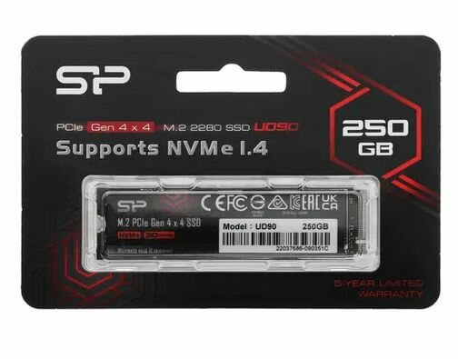 250 ГБ SSD M.2 накопитель Silicon_Power UD90 (SP250GBP44UD9005) - PCI-E 4.0 x4, чтение - 4700 Мбайт/сек, запись - 1500 Мбайт/сек, 3D NAND, 3 бит TLC, NVM Express