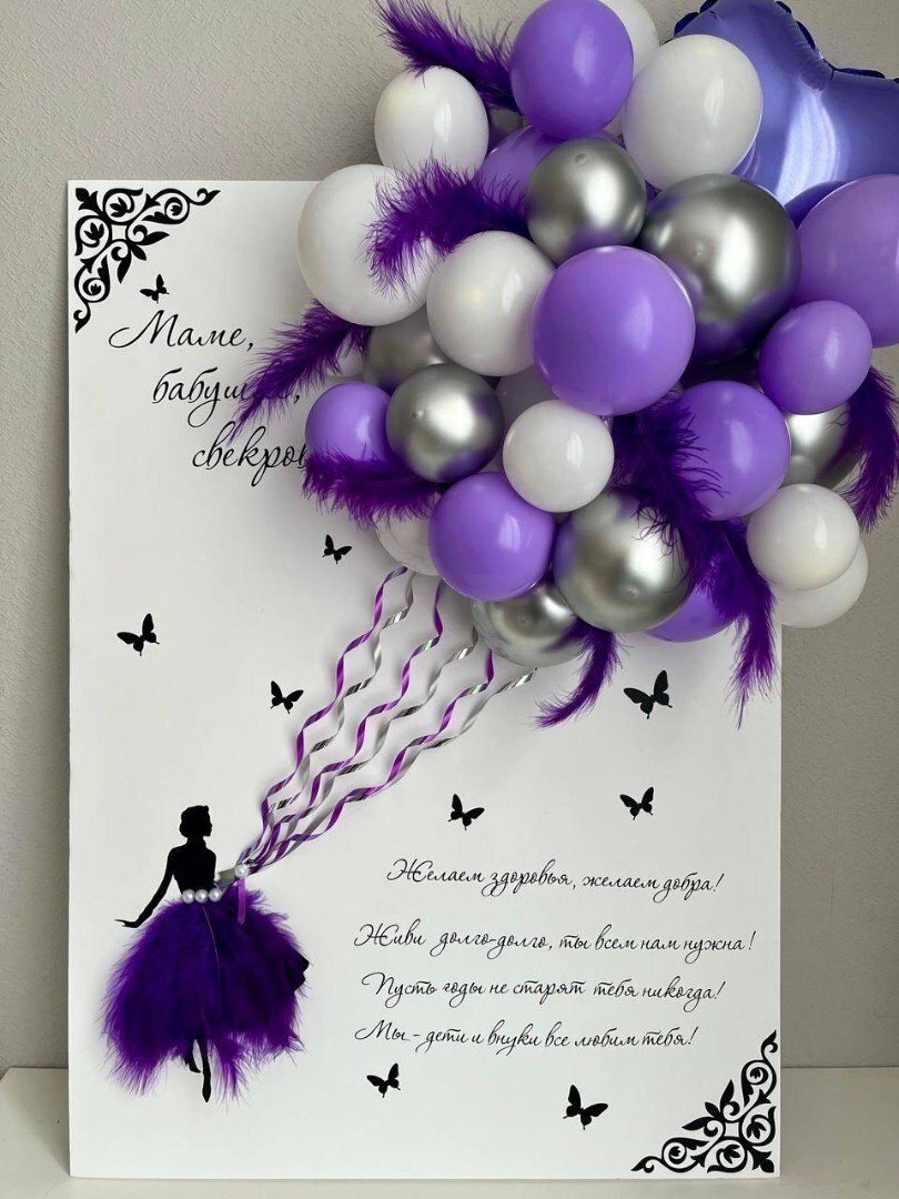 Открытка ручной работы с шарами "Маме, бабушке, свекрови" с перышками