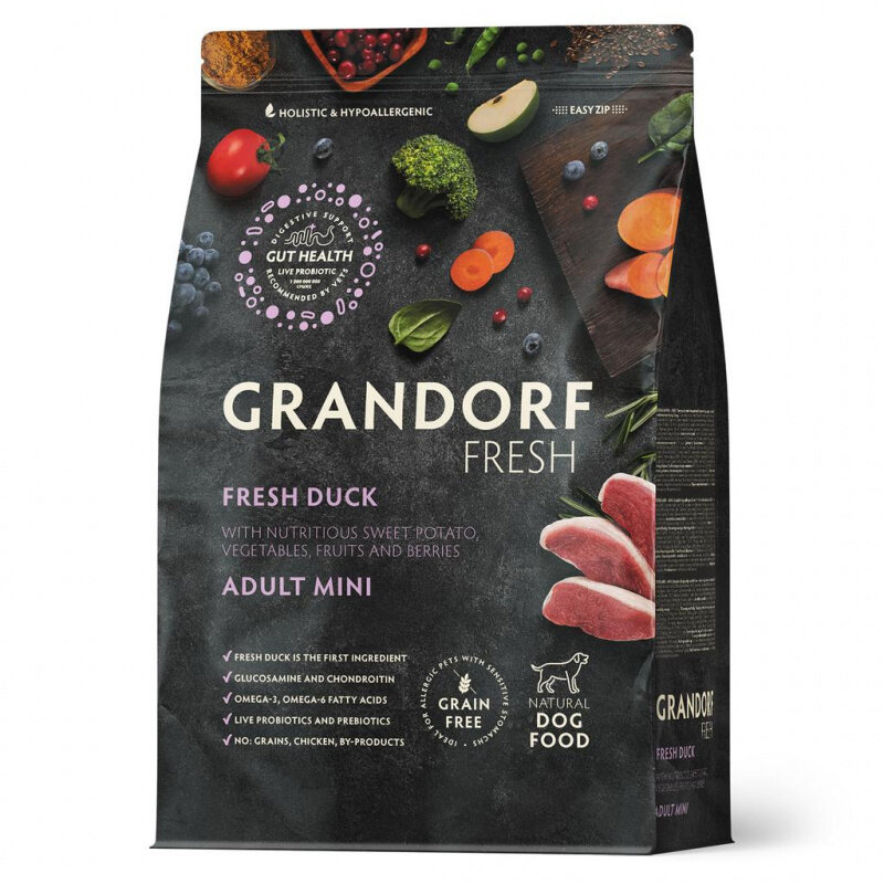 Сухой беззерновой корм Grandorf Fresh с живыми пробиотиками для собак мелких пород со свежим мясом утки и бататом, 3 кг