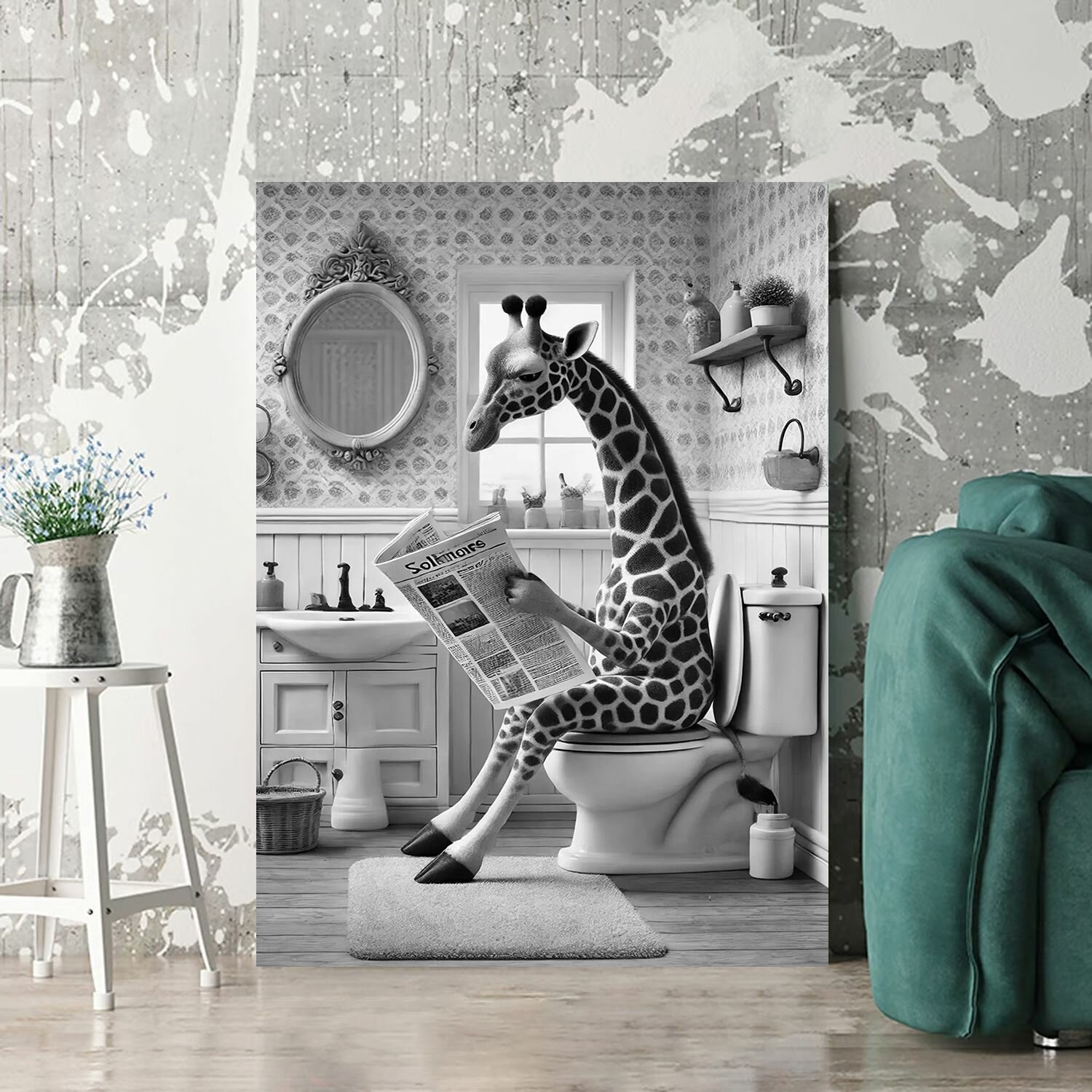 Картина в туалет, ванную комнату, Жираф читает газету, 60х80 см.
