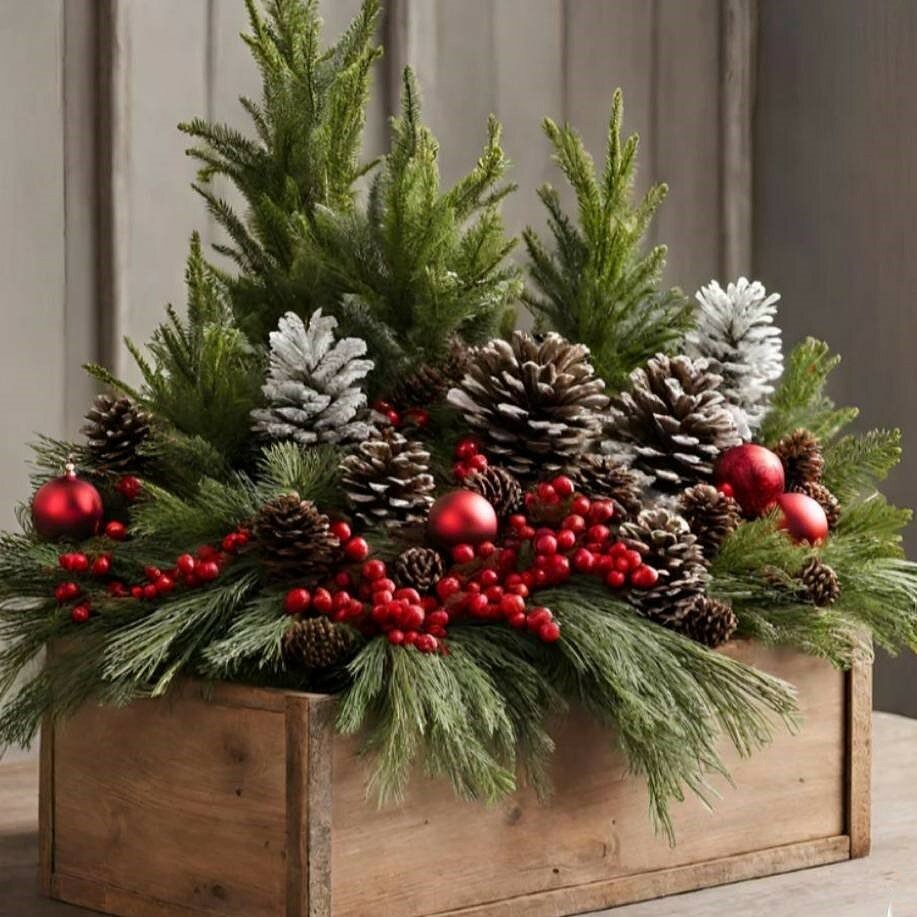 Декор на Новый год, Рождество, композиция из нобилиса в деревянном ящике