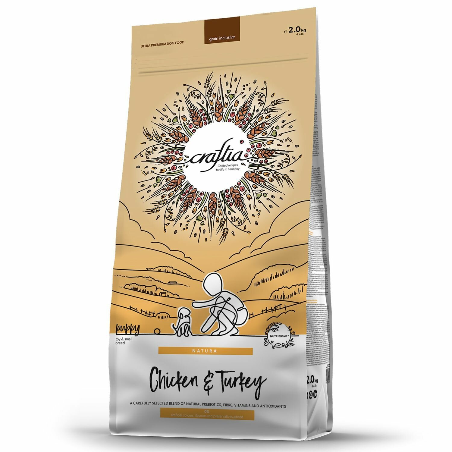 Сухой корм CRAFTIA NATURA для щенков миниатюрных и мелких пород из курицы и индейки, 2 кг