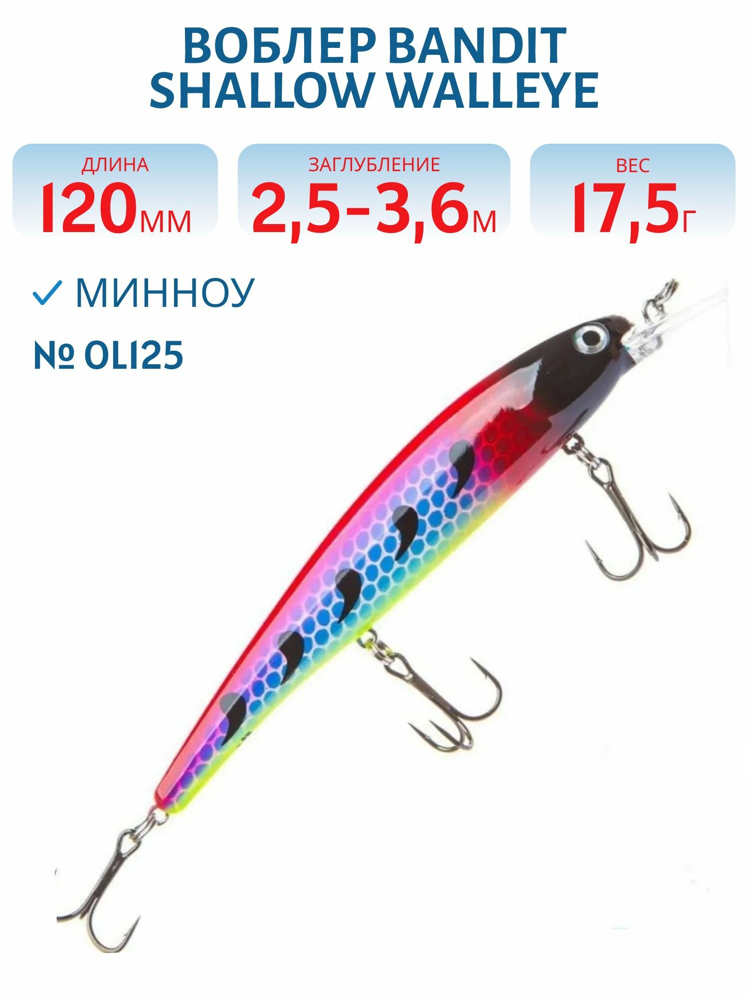 Воблер BANDIT SHALLOW WALLEYE, 120 мм, 17,5 гр, цвет OL125