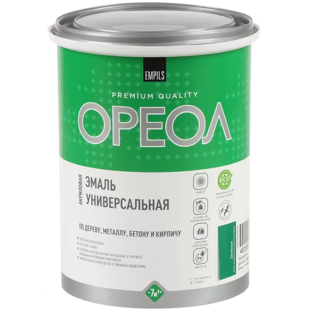 Эмаль Ореол, для внутренних и наружных работ, акриловая, глянцевая, зеленая, 1 кг