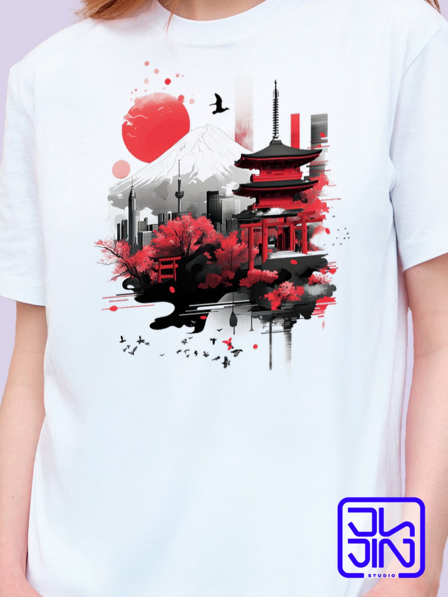 Футболка классическая женская с авторским принтом Этническая черно-красная пагода с горами Фудзи и цветочными красными деревьями, белый хлопковый трикотаж с прикольным рисунком на груди