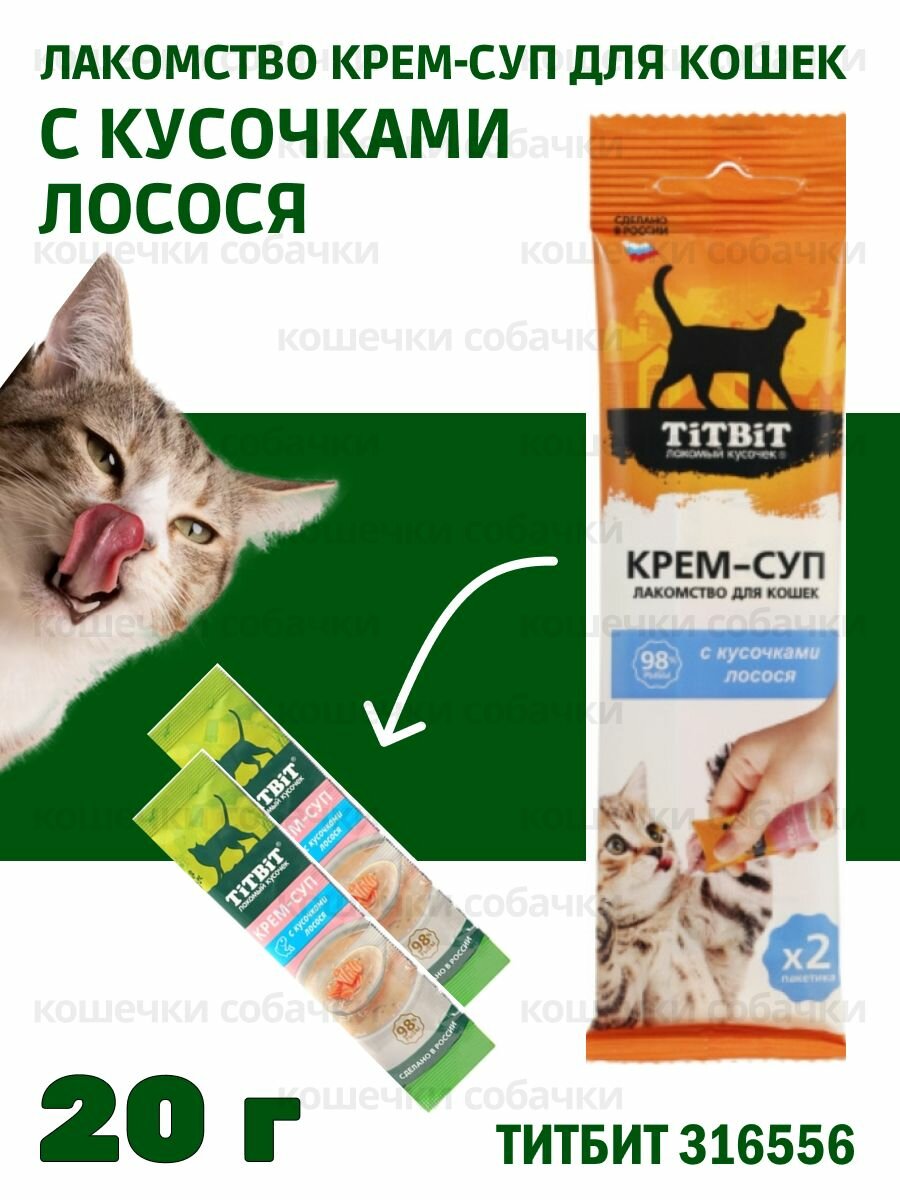 Титбит Лакомство крем-суп для кошек с кусочками Лосося 2шт*10г