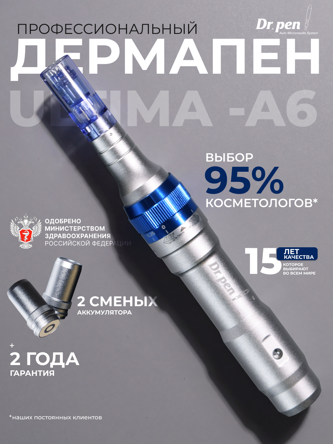 Дермапен Dr.pen ULTIMA-А6 Аппарат для фракционной мезотерапии с двумя батареями, электро мезороллер, антивозрастной уход