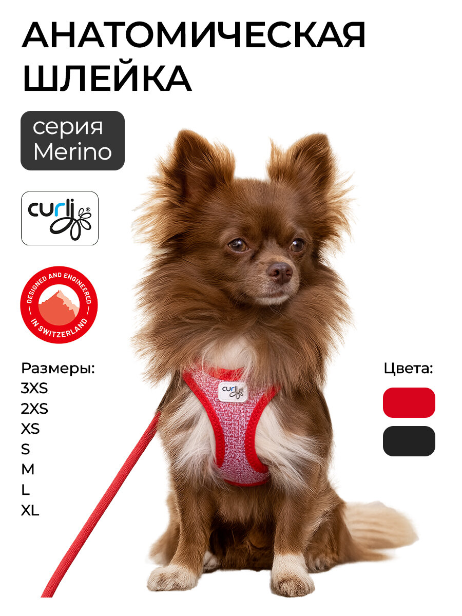 Шлейка для собак анатомическая легкая Curli Merino для мелких и средних пород, красная, XXS