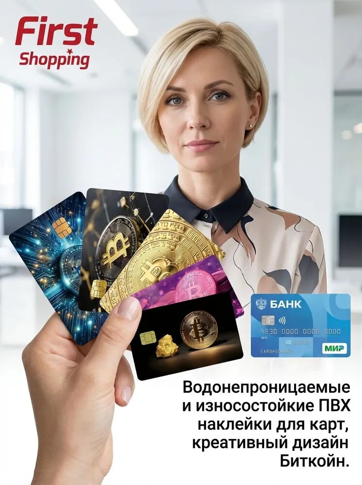 Набор наклеек на банковскую карту Биткоин 5 шт, виниловые стикеры Bitcoin (золотой, неон, техно), защитная пленка для карт с вырезом под чип