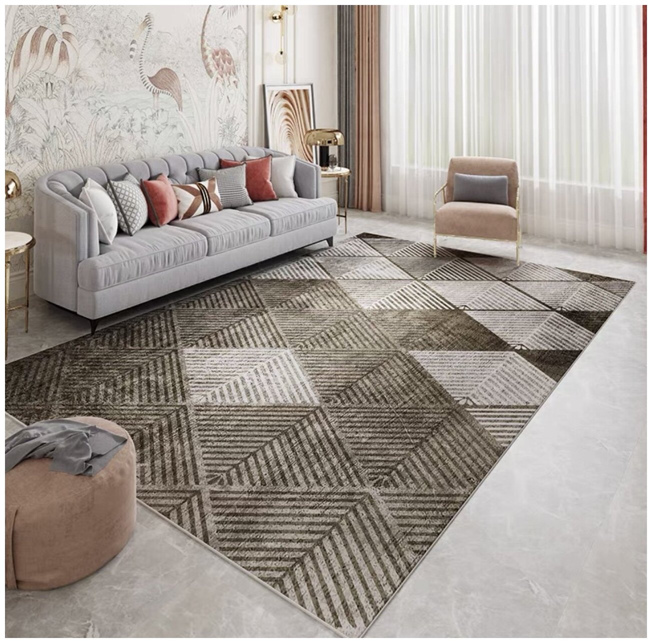 Коврик HOME INTERIOR, без ворса, 2 м, коричнево-бежевый с зеленым подтоном