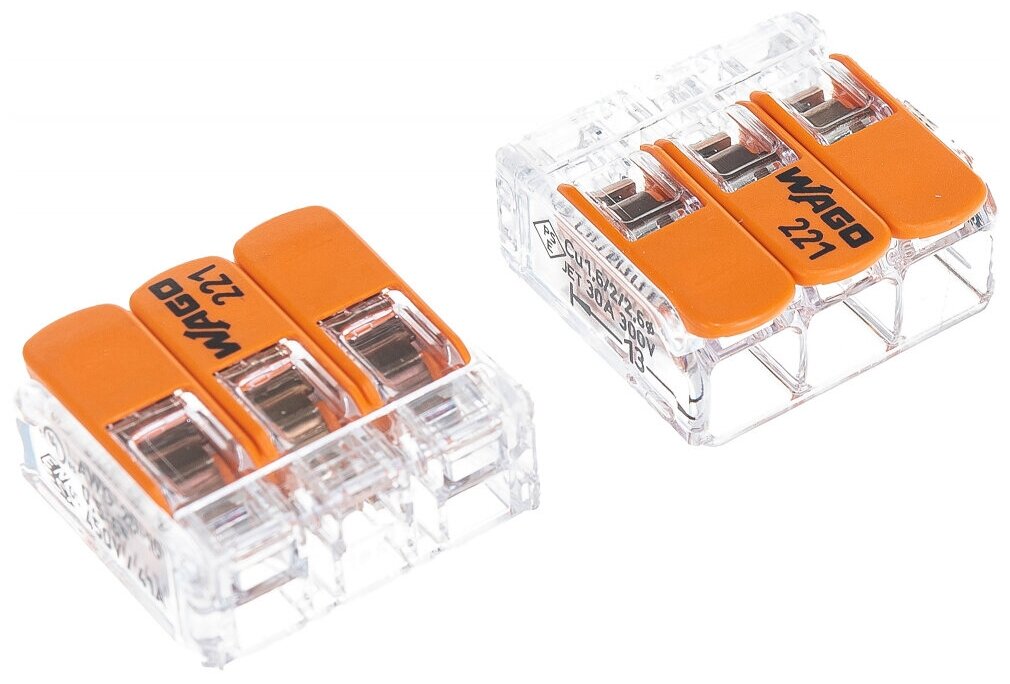 Клеммы WAGO 221‑613, пластиковый прозрачный корпус, оранжевый цвет, три зажима для широких сечений проводов