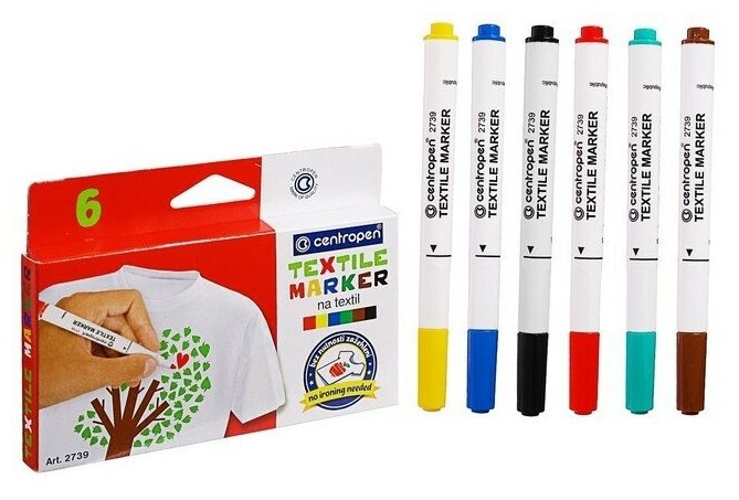 Маркер для ткани, Centropen 2739, 1.8 мм, набор 6 цветов
