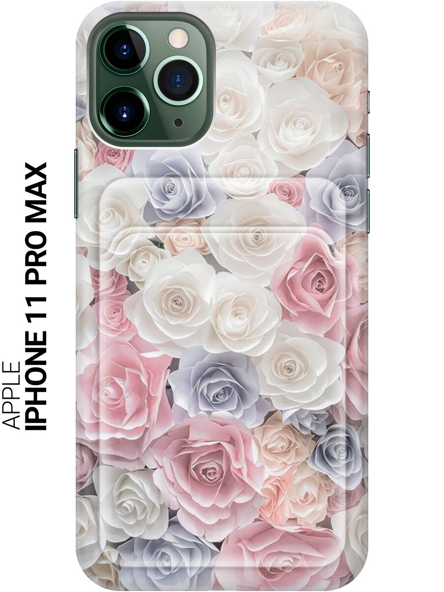 Силиконовый чехол на Apple iPhone 11 Pro Max / Эпл Айфон 11 Про Макс с рисунком "Пастельные розы" и карманом для карт
