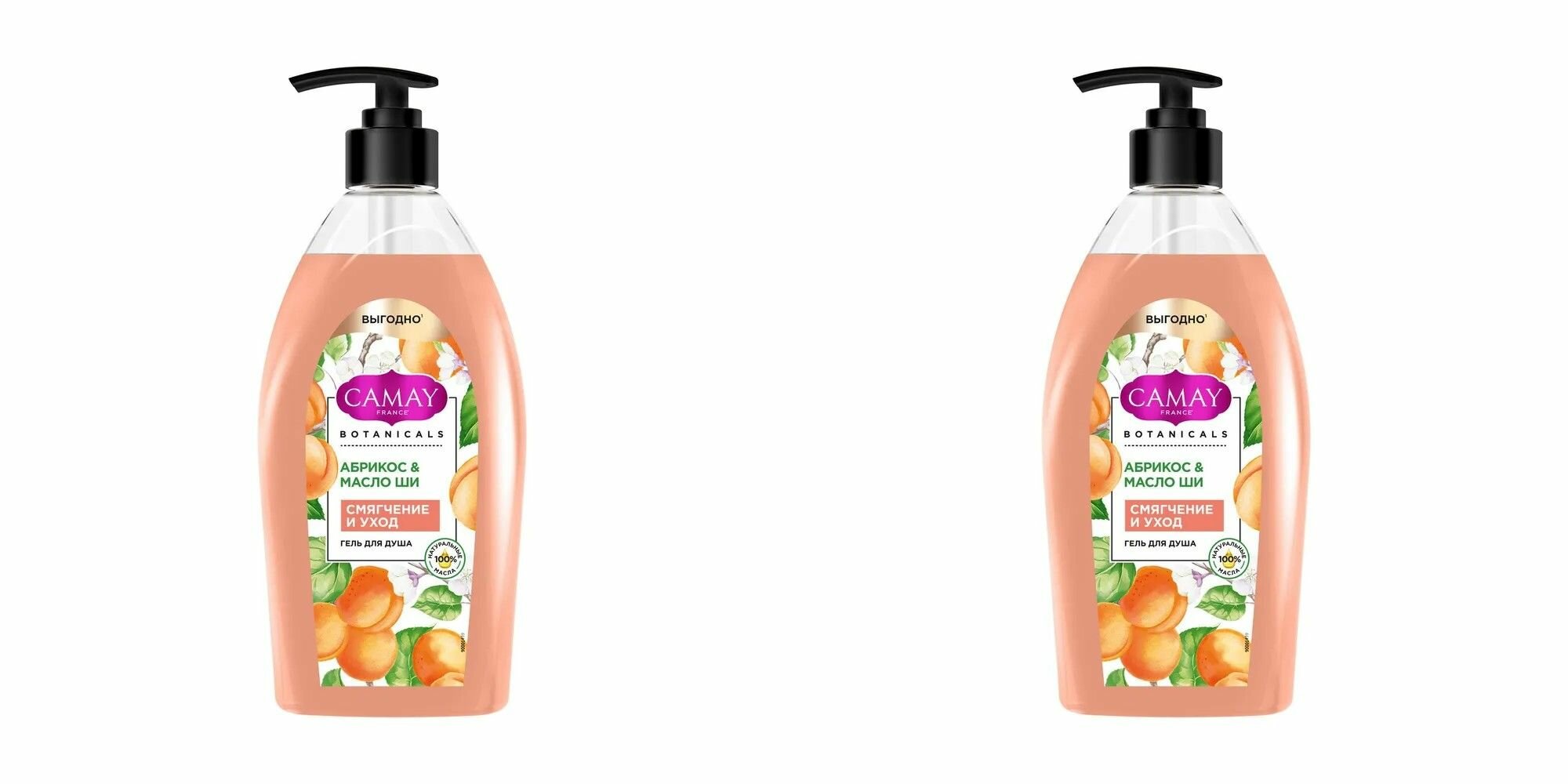 Camay Гель для душа, Абрикос и масло ши, 750 мл, 2 шт