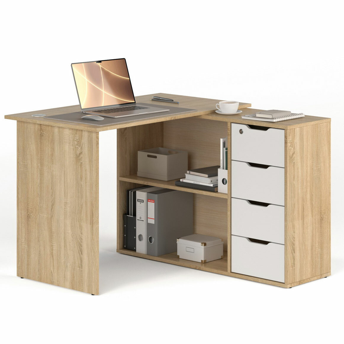 Письменный стол с поворотной тумбой с 4 ящиками МагМебель №93 тумба справа дуб сонома + белый