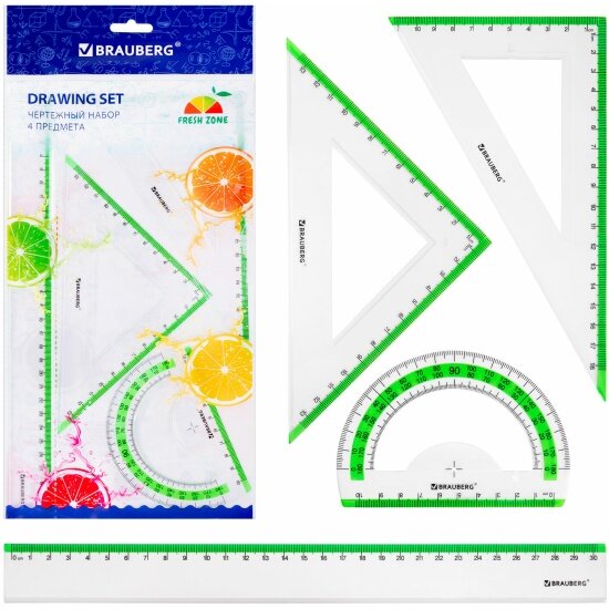 Набор чертежный Brauberg большой "FRESH ZONE" (линейка 30 см, 2 треугольника, транспортир) с салатовой шкалой, 210764