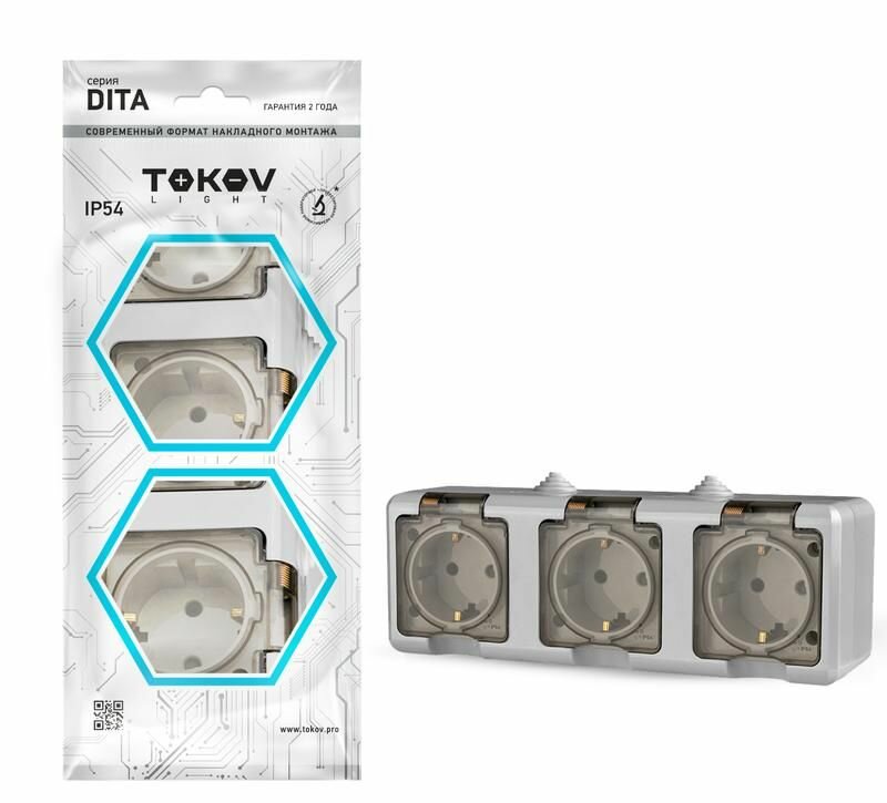 Розетка 3-м ОП Dita 16А IP54 250В с заземл. с прозр. крышкой сер. TOKOV ELECTRIC TKL-DT-R3Z-C06T-IP54