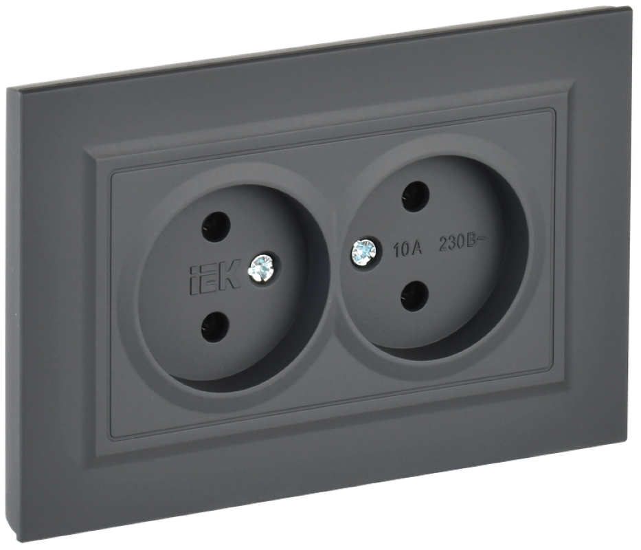 Розетка силовая штепсельная IEK / ИЭК Brite РС12-2-БрГ в сборе, двухместная, 10А, графит, без заземления и без защитных шторок, BR-R20-10-K53-F / электрооборудование