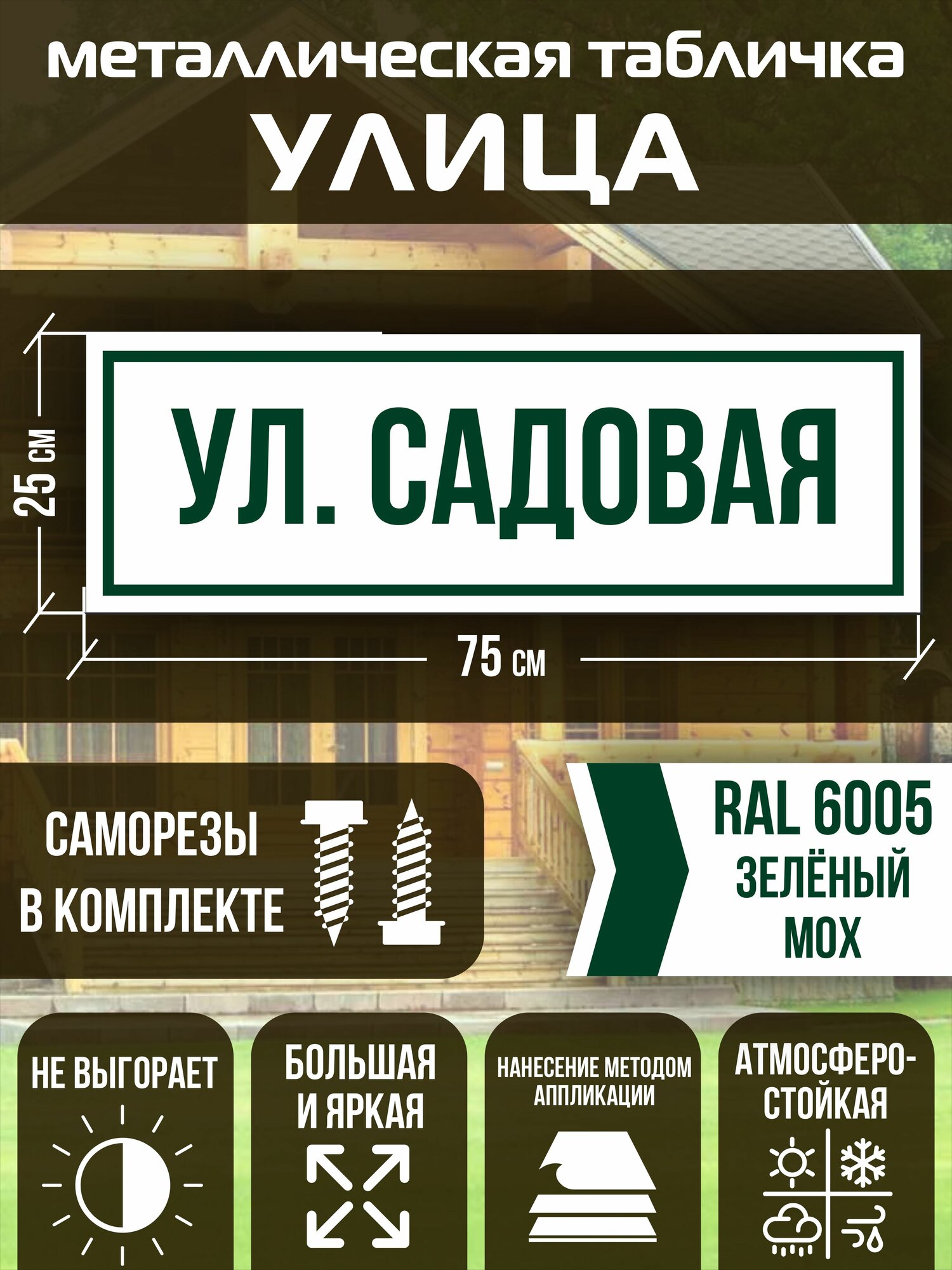 Адресная табличка на дом улица Садовая RAL 6005 зеленая
