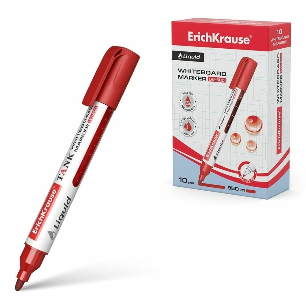 Маркер для доски Erich Krause Liquid LW-600 красный с жидкими чернилами, пулевидный (48776)