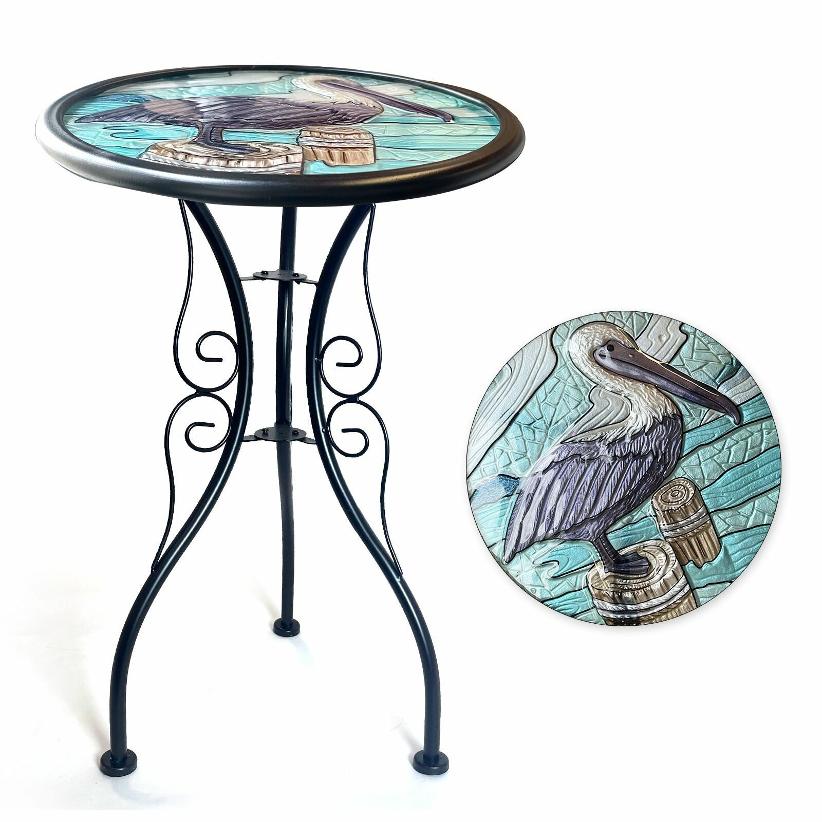 Металлический садовый стол с птичьим узором, стеклянный столик для веранды