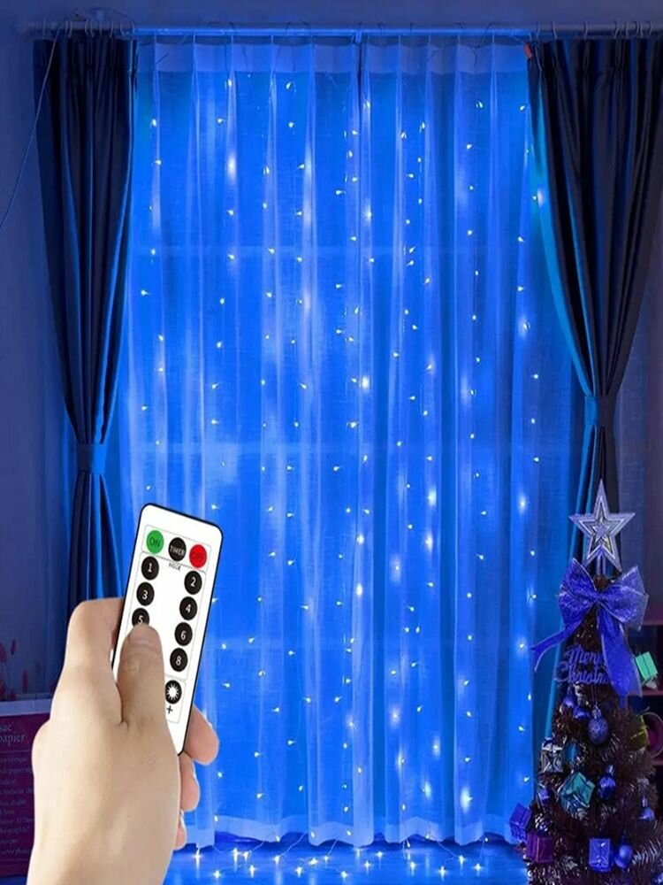 Занавеска-гирлянда 3 на 2 метр, 200 лампочек, синяя интерьерная, 1 штука