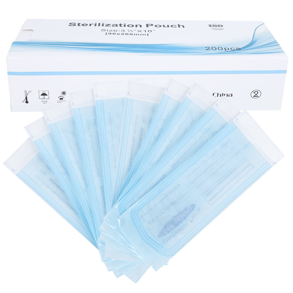 200 шт -сантиметровые пакеты Стоматологические принадлежности ПВХ прозрачная пленка синяя для Sterilisatio (90 x 260 мм)