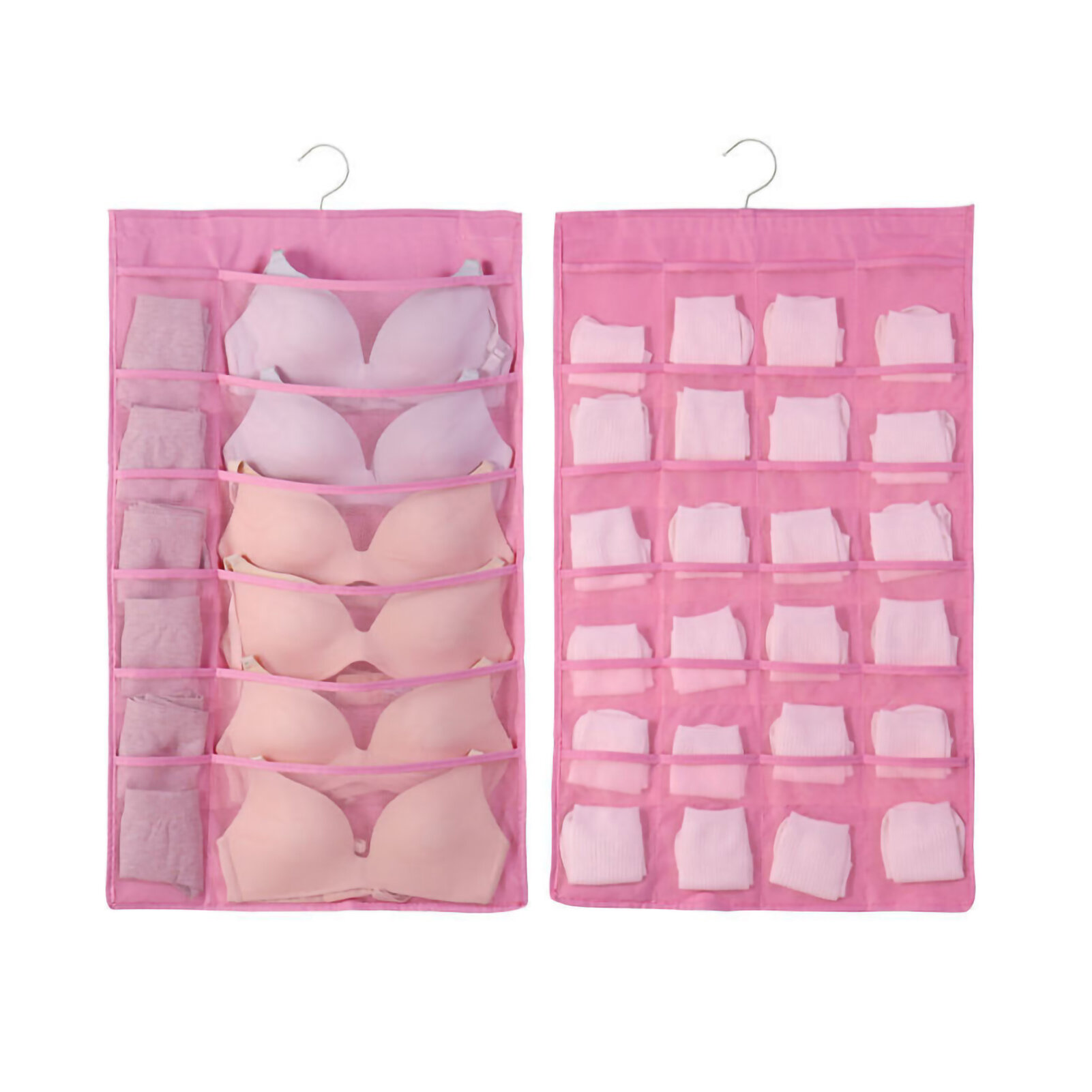 Организатор подвесного бюстгальтера Оксфорд Ткань Двойной стороны дышащий Организатор для хранения нижнего белья для носков для бюстгальтеров, розовый, передний 12, назад 24